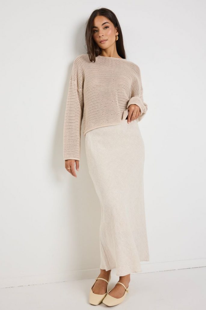 Bliss Linen Bias Midi Skirt – Natural - Estilo Boutique